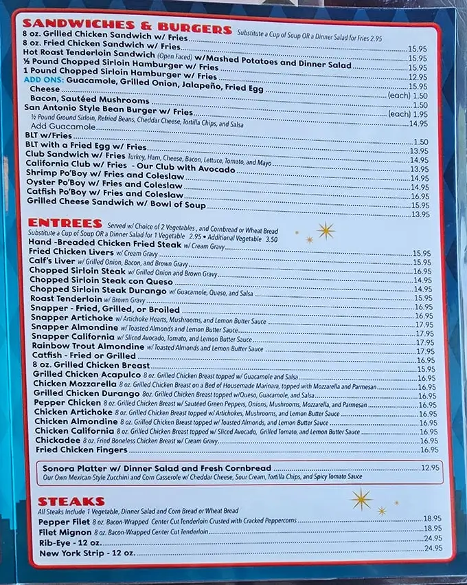 This menu isn't just a list of food – it's a love letter to Texas comfort cuisine, where chicken fried steak gets top billing and diet plans go to die.
