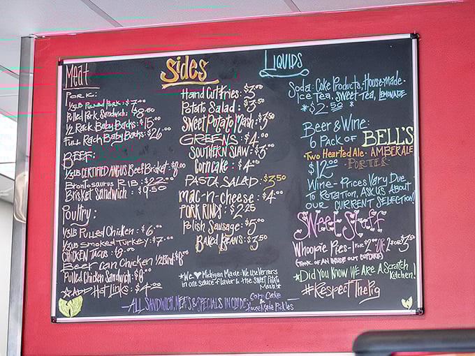 That chalkboard menu isn't just information—it's a roadmap to happiness. Each colorful chalk listing represents a potential life-changing barbecue experience.