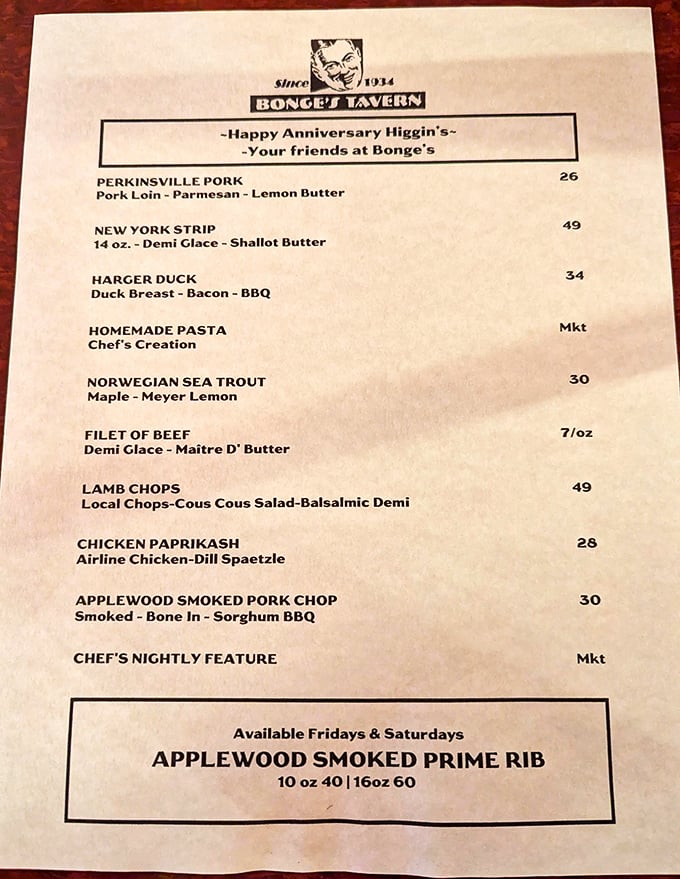 This menu reads like a love letter to carnivores. Notice the personalized anniversary greeting at the top—just one of Bonge's many charming touches.