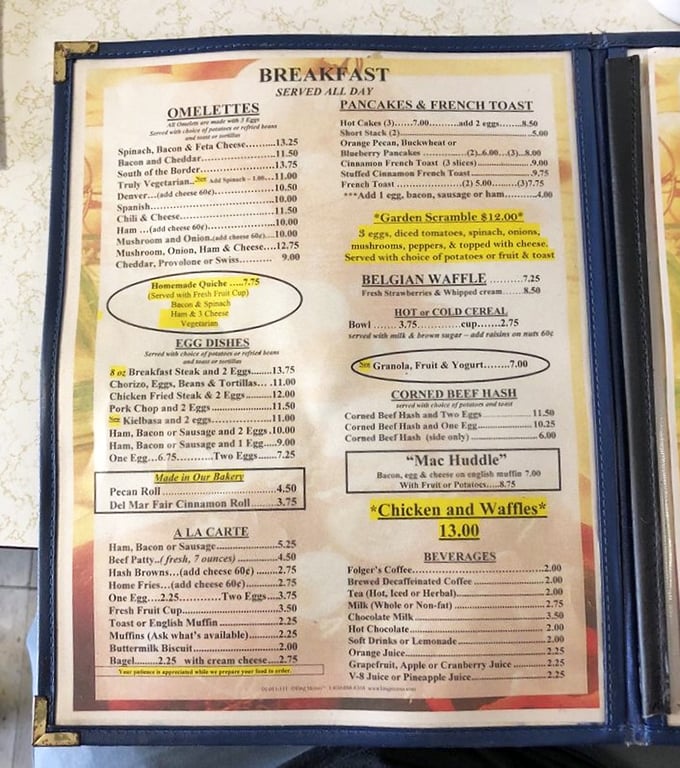 This menu isn't just a list of food—it's a roadmap to happiness. Note the highlighted "Chicken and Waffles" calling your name.