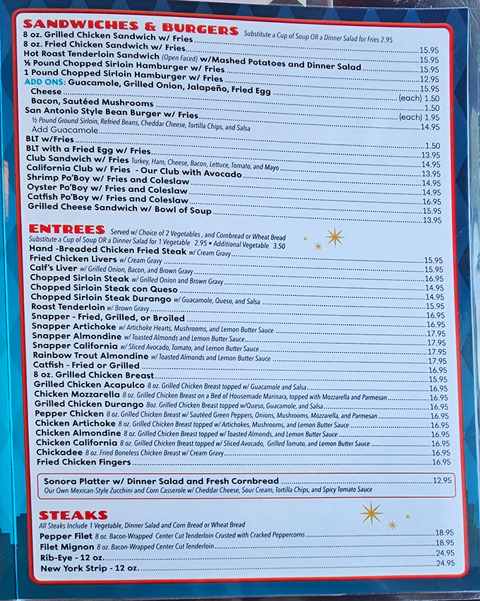 This menu isn't just a list of food – it's a love letter to Texas comfort cuisine, where chicken fried steak gets top billing and diet plans go to die.