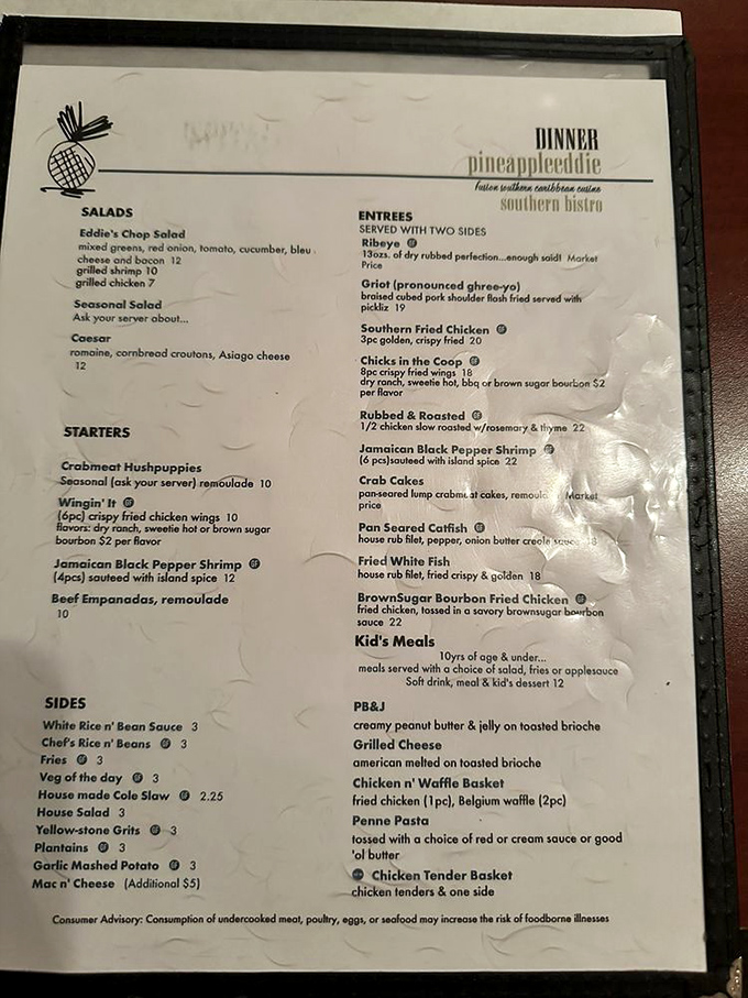 The menu reads like a love letter to Southern cuisine with Caribbean flair. Each description promises a flavor journey worth taking, no passport required.