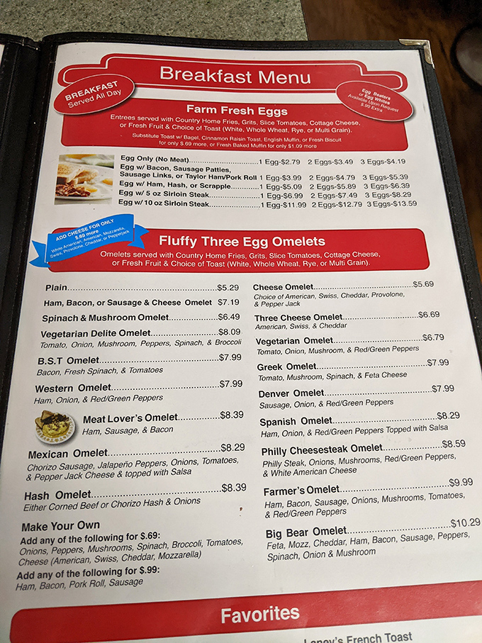 The breakfast menu reads like a love letter to morning classics, with omelets taking center stage in this symphony of comfort food.