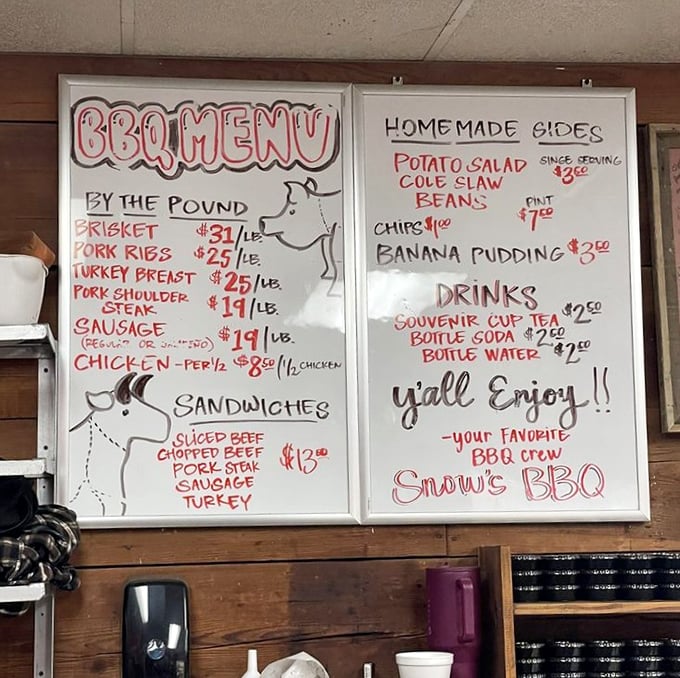 The handwritten menu board—barbecue's version of the Dead Sea Scrolls—reveals the sacred offerings that draw devoted followers every Saturday.