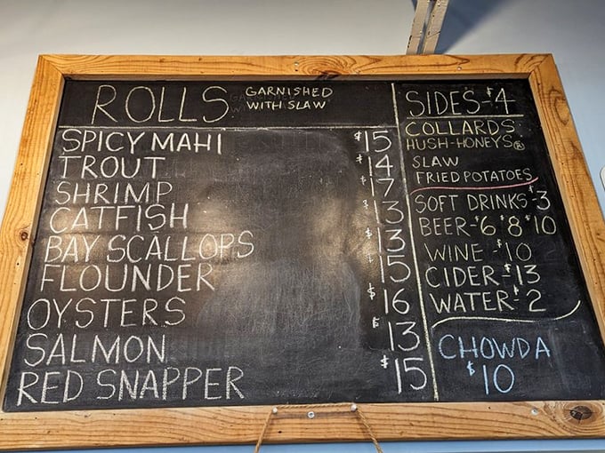 The chalkboard menu reads like coastal poetry—each fish a promise, each side dish a supporting character in your seafood adventure.