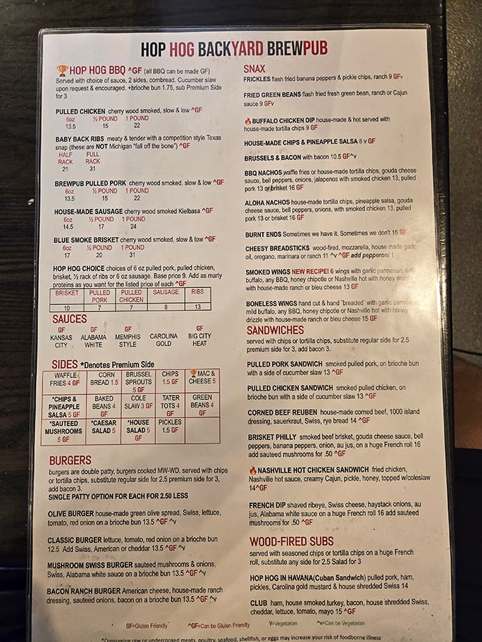 This menu isn't just a list—it's a roadmap to happiness. The "GF" markings aren't just thoughtful; they're lifesavers for the gluten-averse barbecue lover.