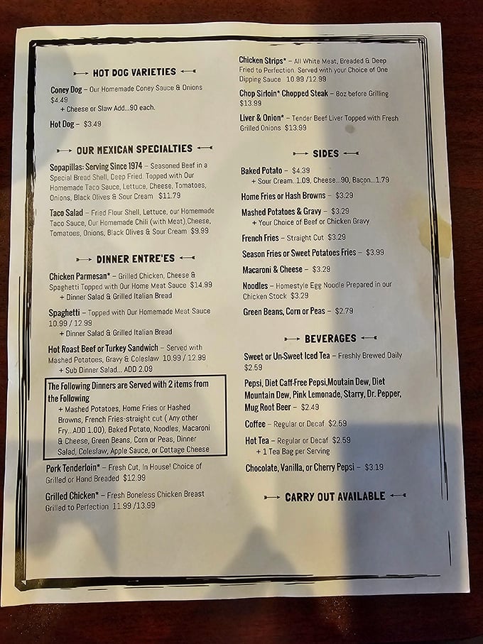 This menu tells the story of American comfort food without pretension—notice the Sopapillas have been delighting diners since 1974!
