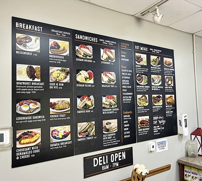 Decision paralysis has never looked so delicious – Yalaha's menu board showcases German classics from bratwurst to schnitzel.