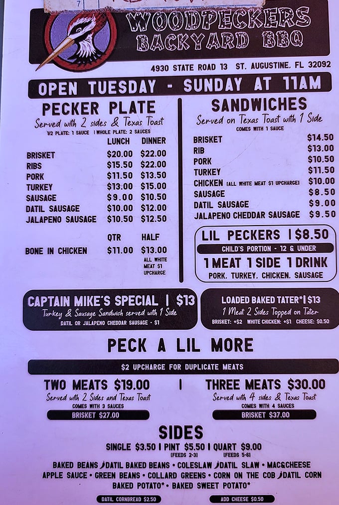 A menu that cuts right to the chase – meat, sides, and combinations thereof. No fancy descriptions needed when the food speaks for itself.