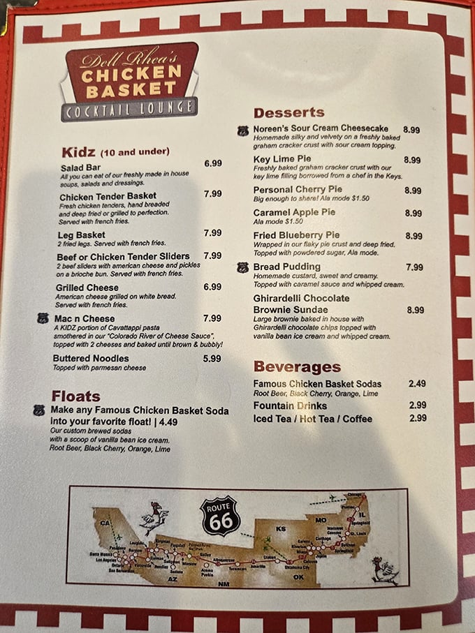 This menu isn't just a list of food options – it's a roadmap to happiness. The Route 66 illustration reminds you this meal is part of American history.