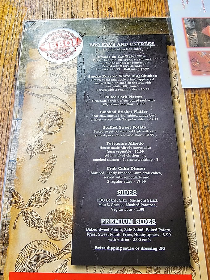 The menu reads like barbecue poetry – ribs, pulled pork, and that stuffed sweet potato that might just change your life.