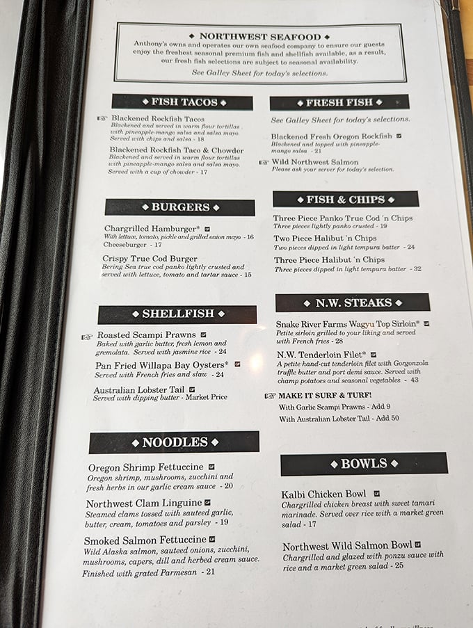 This menu isn't just a list—it's a treasure map to seafood nirvana. The "Northwest Seafood" heading alone is enough to make a pescatarian weep with joy.