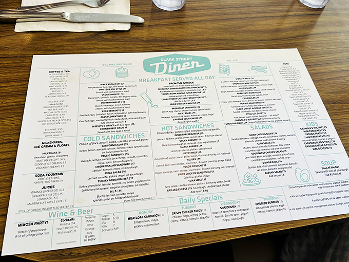 This menu isn't just a list of food—it's a roadmap to happiness. Notice "Breakfast Served All Day" is the headline act.