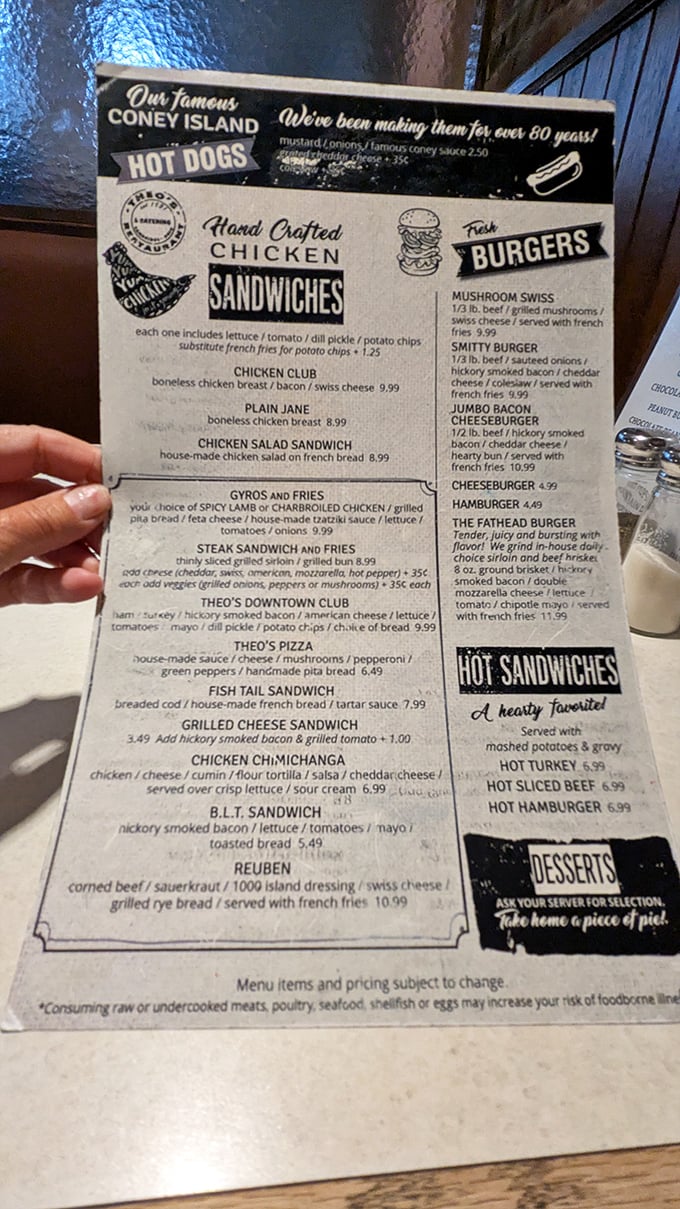 This menu isn't just a list of options – it's a historical document of American comfort food perfected over 60+ years of feeding hungry Ohioans.