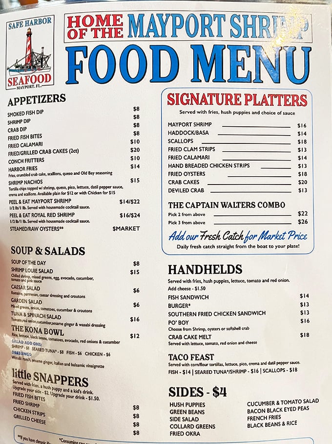 This menu isn't just a list—it's a treasure map. The Captain Walters Combo is the X that marks the spot for the indecisive seafood enthusiast.