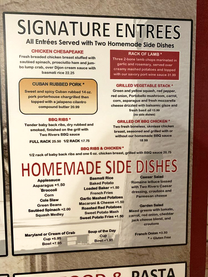 The menu reads like a love letter to Maryland cuisine. Signature entrées showcase local flavors with dishes like Chicken Chesapeake and Cuban Rubbed Pork.
