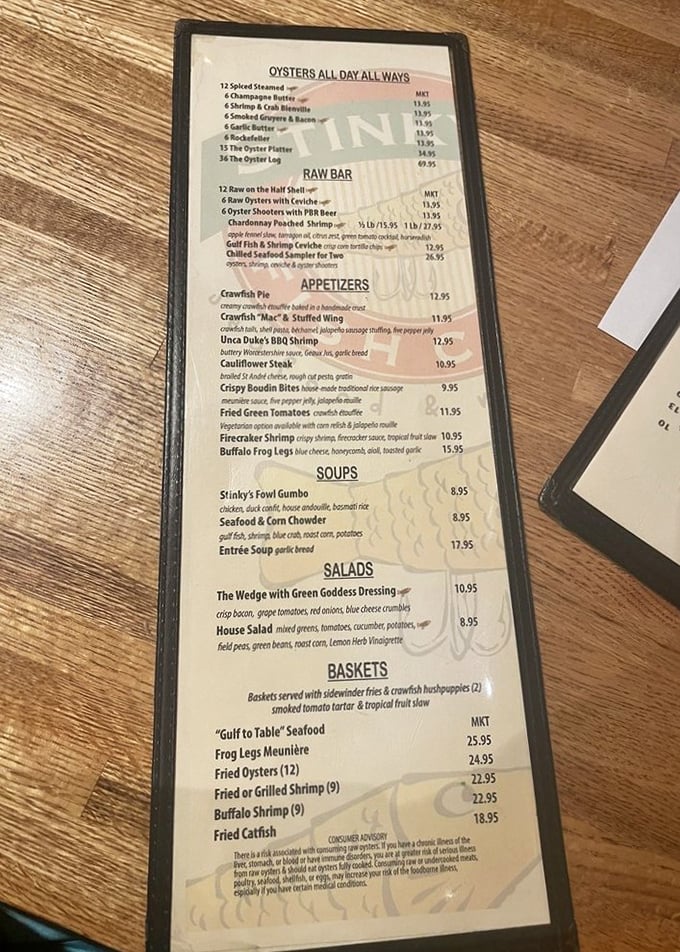 This menu isn't just a list of dishes—it's a love letter to Gulf seafood. "Oysters All Day All Ways" might be the most beautiful four-word poem ever written.