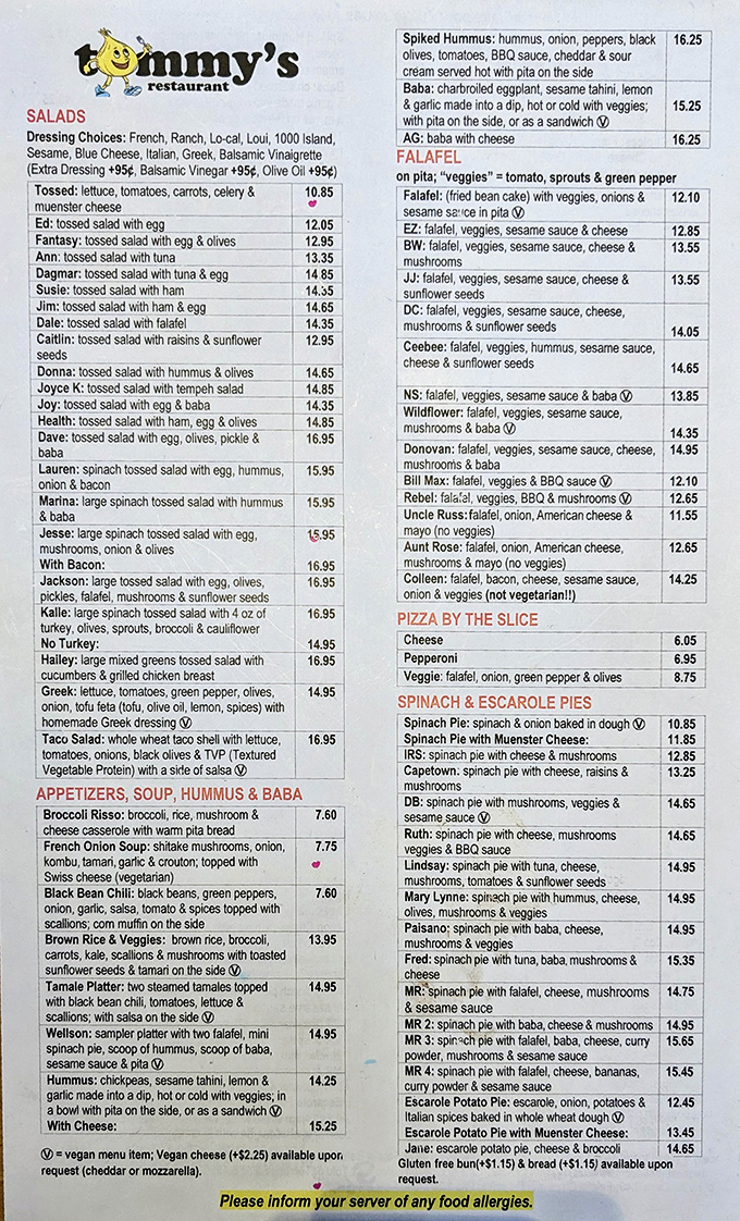 The legendary menu at Tommy's reads like a novel where every character is delicious—spinach pies and falafel are the protagonists.