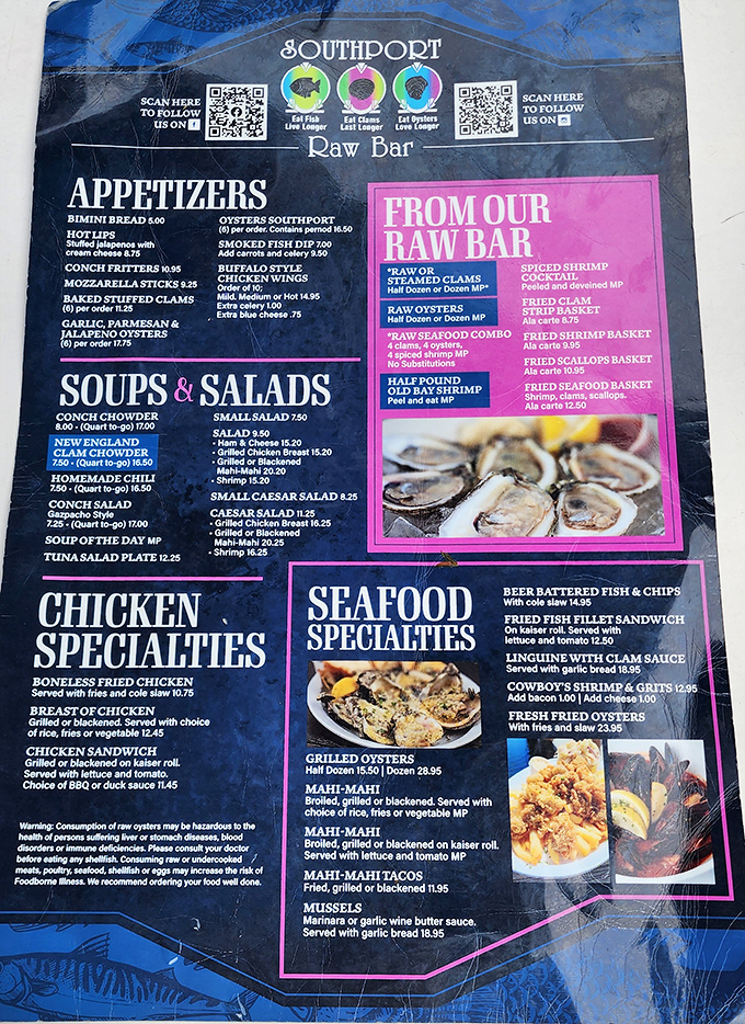 A menu that reads like a love letter to seafood, with prices that won't require a second mortgage.