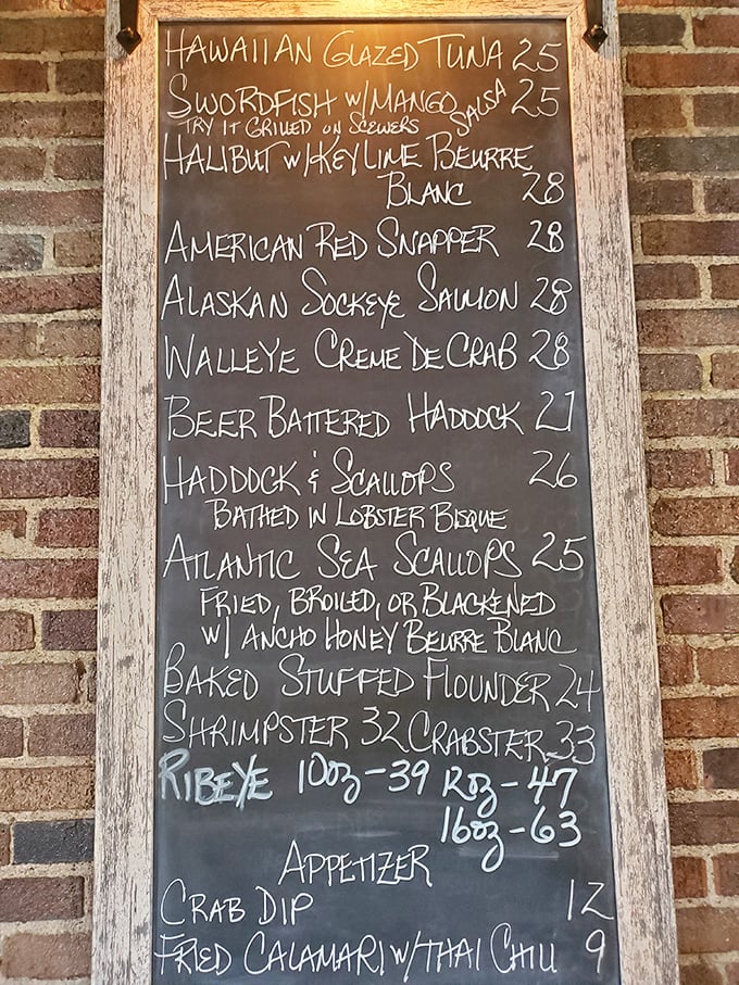 This chalkboard menu reads like poetry to seafood lovers—Hawaiian glazed tuna and swordfish with mango salsa are just the opening verses.
