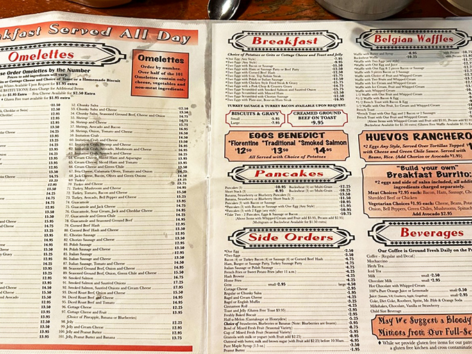 The legendary menu – a sacred text of egg possibilities. Choosing from 101 omelets feels like being asked to pick your favorite child.