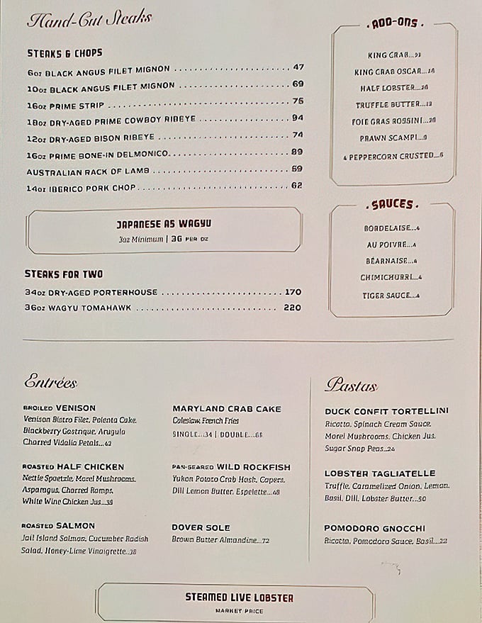 This menu isn't just a list of options—it's a love letter to carnivores with hand-cut steaks that make vegetarians question their life choices.