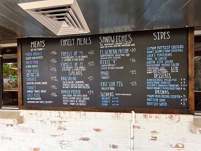 That chalkboard menu isn't just a list—it's a roadmap to happiness. Each category promises smoky treasures that would make a Texan tip their hat.