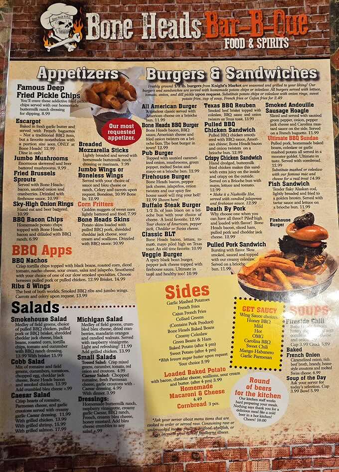 The menu reads like a love letter to barbecue enthusiasts, with those famous deep-fried pickle chips stealing the spotlight right at the top.