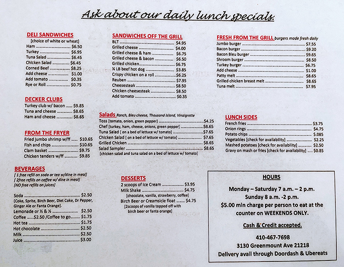 A menu that doesn't need fancy fonts or flowery descriptions—just straightforward breakfast classics that have stood the test of time and countless hungry Baltimoreans.