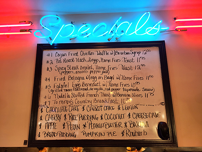 That glowing "Specials" sign might as well say "Happiness Board." Each handwritten item promises a direct route to comfort food nirvana.