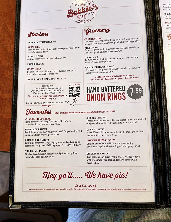 That "Hey y'all... We have pie!" at the bottom of the menu isn't just information—it's the most honest advertising in the restaurant business.