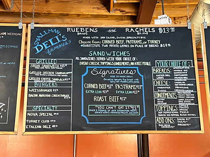 The chalkboard menu reads like a love letter to Jewish deli traditions, with Reubens and Rachels stealing the spotlight.
