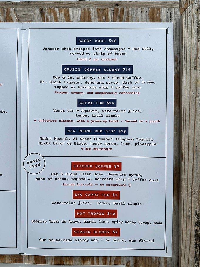 The drink menu reads like a love letter to liquid happiness—where else can you find a "New Phone Who Dis?" alongside coffee with horchata whip?