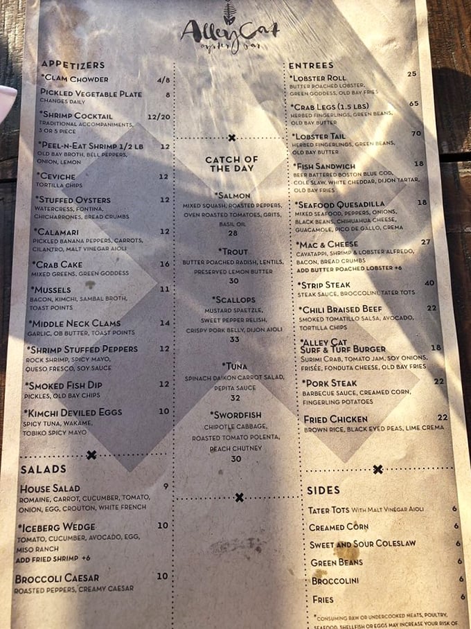 A menu that reads like poetry for seafood lovers. Notice how they don't waste precious space explaining what oysters are—they know why you're here.