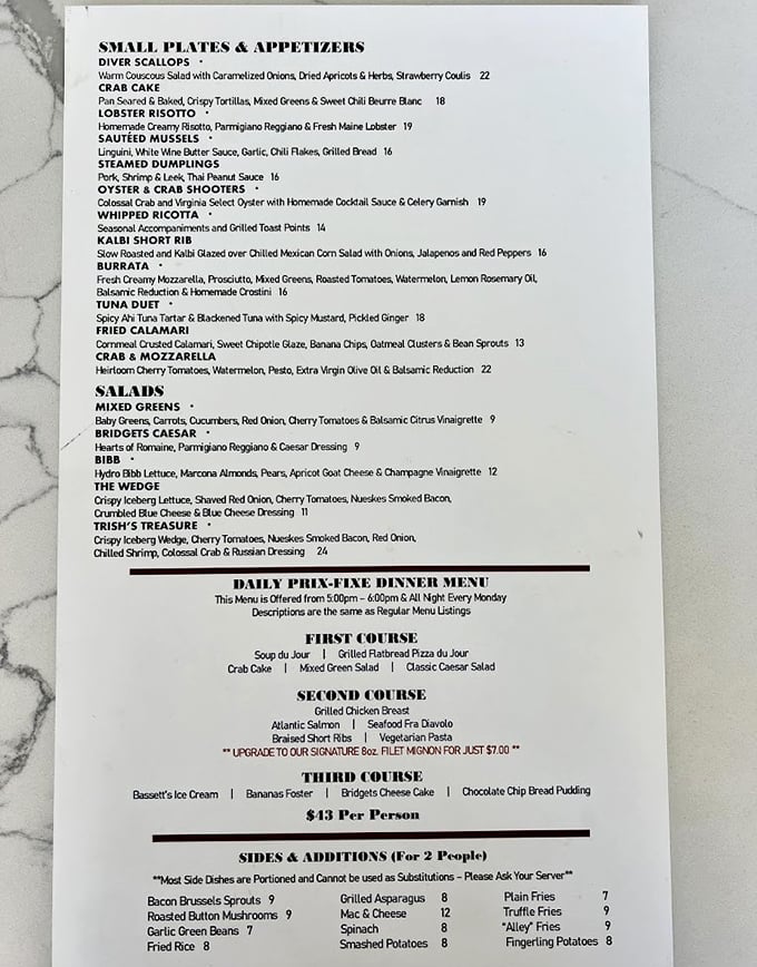 This menu isn't just a list of dishes—it's a roadmap to happiness. The lobster risotto and signature filet mignon are calling your name from the page.