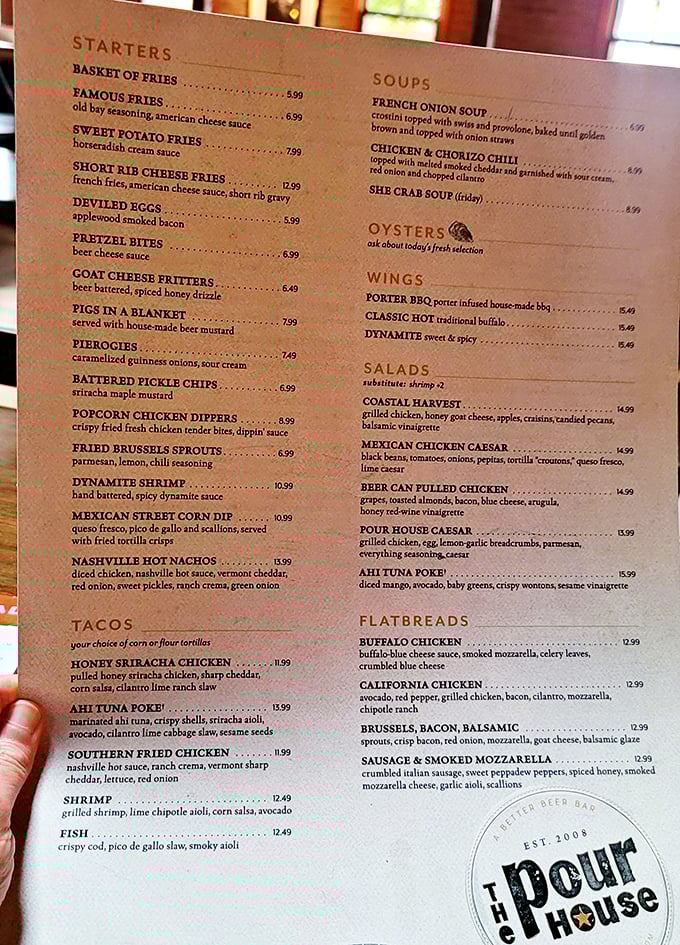 The menu reads like a love letter to comfort food with an adventurous twist. Notice how "OYSTERS" gets its own special icon—they know what brings the crowds.