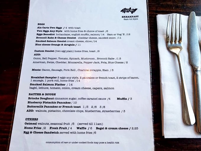 A menu that reads like a love letter to breakfast classics, each dish promising its own delicious plot twist.