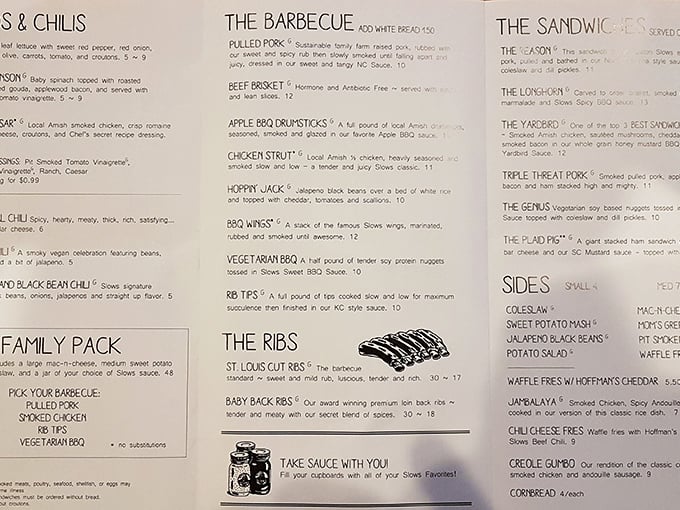 A menu that reads like barbecue poetry – from pulled pork to St. Louis ribs, each option more tempting than the last.