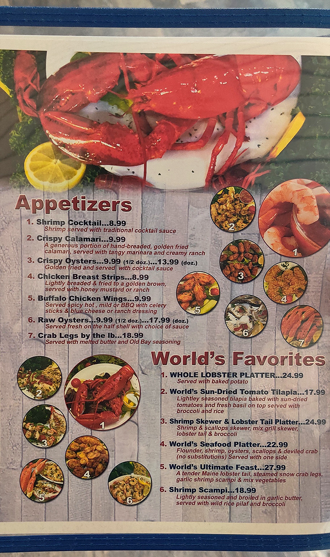 The menu reads like a love letter to the ocean – whole lobster platters and snow crab legs stealing the spotlight.