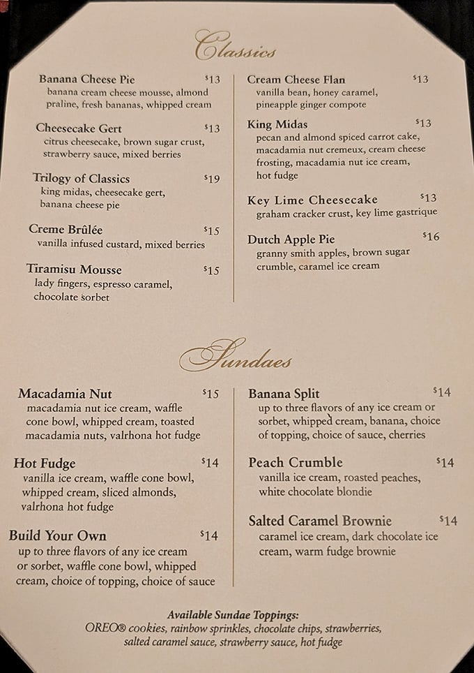 This dessert menu isn't just reading material—it's a roadmap to happiness with stops at Banana Cheese Pie Boulevard and Macadamia Nut Avenue.