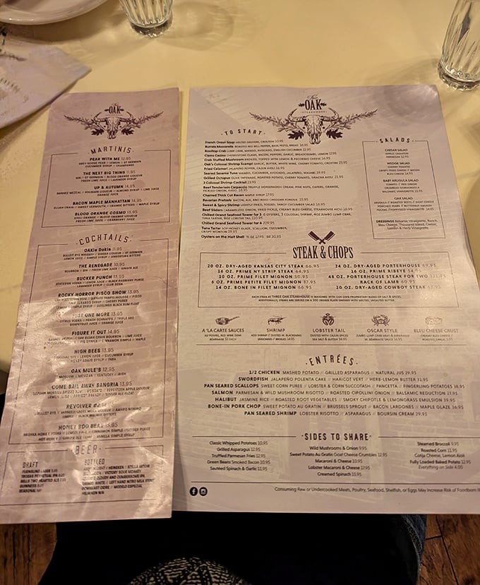 A menu that reads like poetry to meat lovers—notice how your eyes instinctively gravitate toward the "Steak & Chops" section.