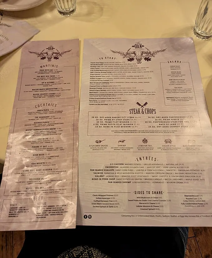 A menu that reads like poetry to meat lovers—notice how your eyes instinctively gravitate toward the "Steak & Chops" section.