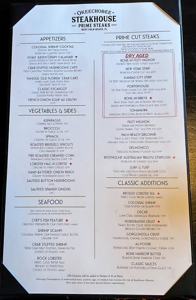 This menu isn't just a list of options—it's a roadmap to beef nirvana, with each selection promising a different path to steak enlightenment.