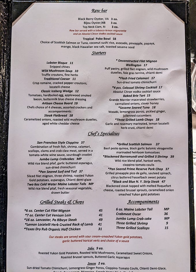 A menu that reads like a love letter to seafood and steak lovers. Decision paralysis has never been so delicious.