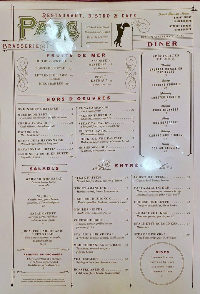 A menu that reads like a love letter to French cuisine, with that onion soup gratinée calling your name from the very top.