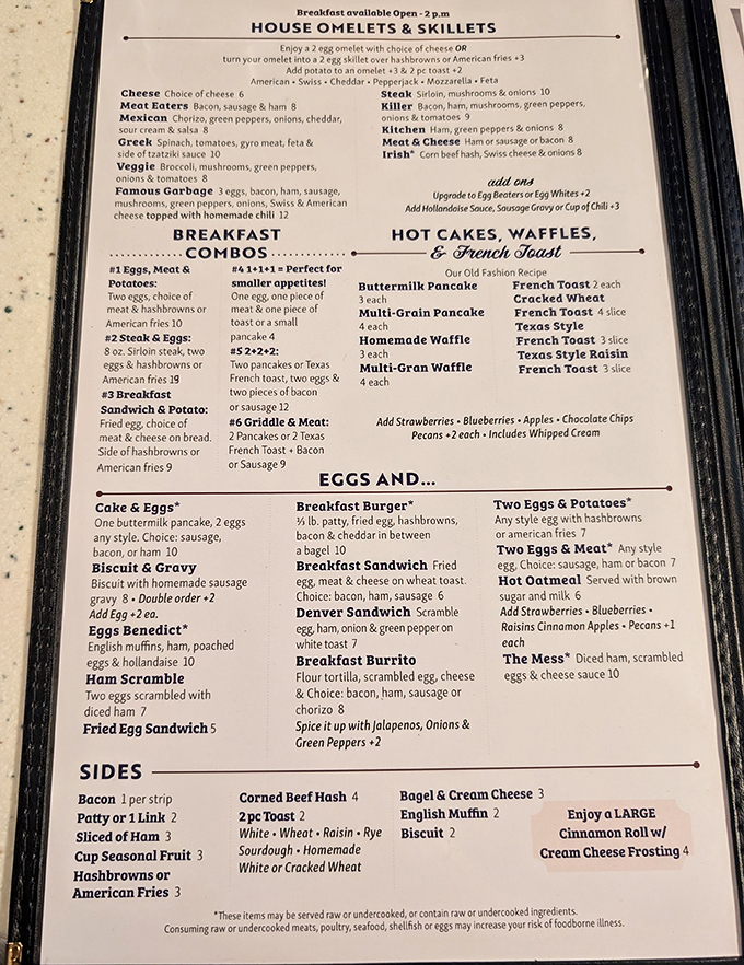 This menu isn't just a list of food—it's a roadmap to happiness. The "Famous Garbage" omelet might be the most deliciously misleading name in Wisconsin.