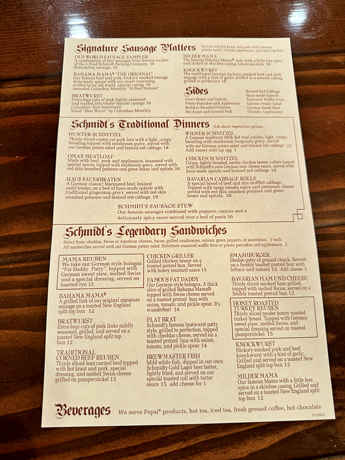This menu isn't just a list of food—it's a roadmap to happiness with destinations like "Bahama Mama" and "Legendary Sandwiches."