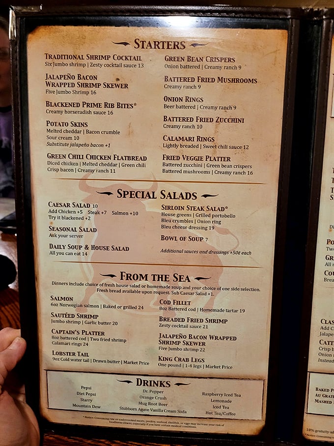 A menu that reads like a love letter to carnivores. Notice how the "From The Sea" section knows its supporting role in this beef-forward production.