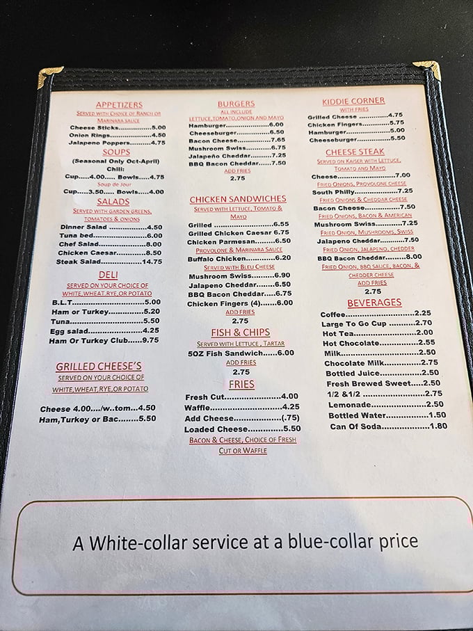 A menu that doesn't need fancy fonts or pretentious descriptions—just honest food at prices that won't make your wallet weep.