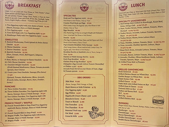 This menu isn't just a list of food—it's a roadmap to happiness. The French toast section alone deserves its own ZIP code.